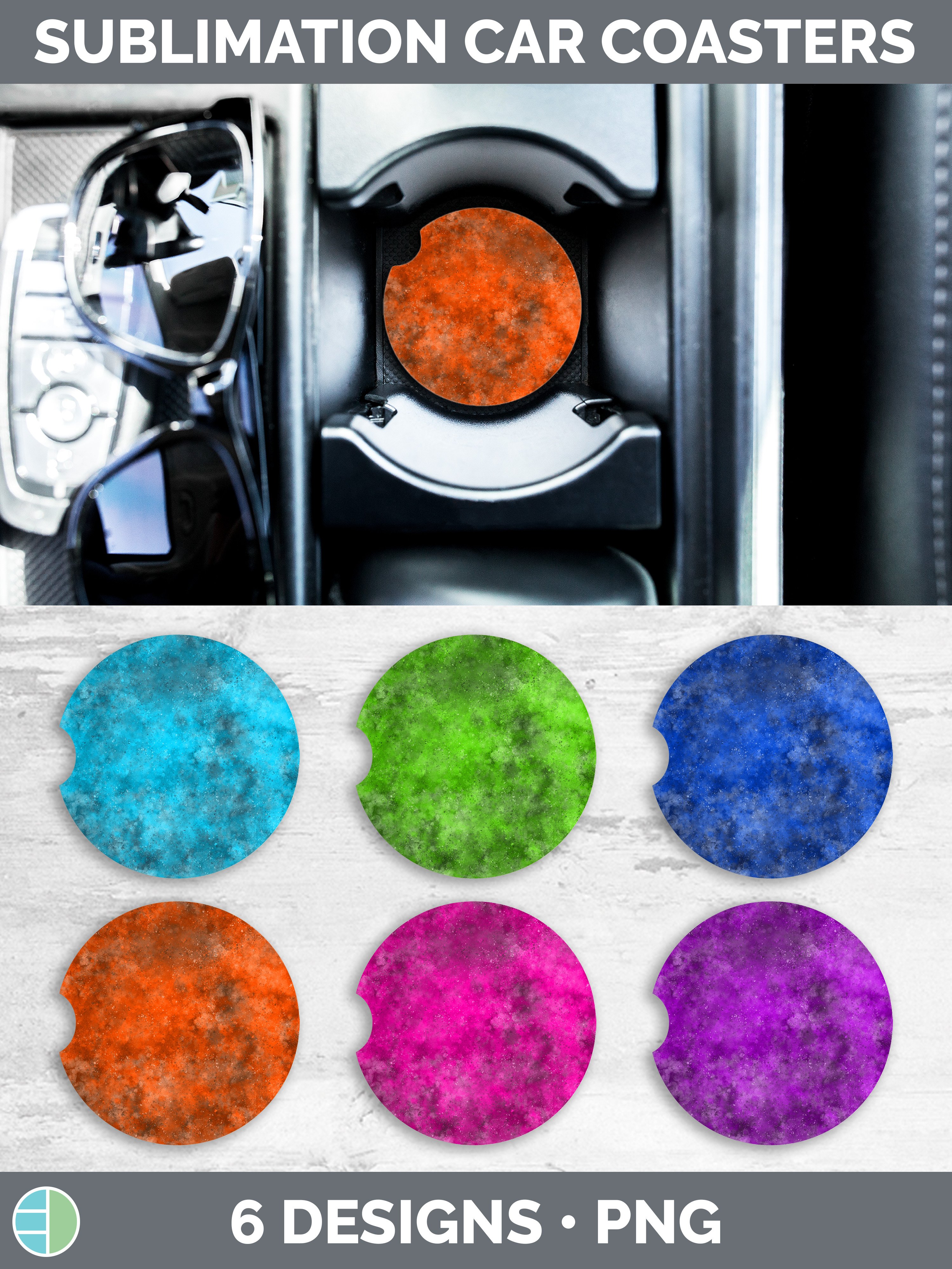 Car Coaster Sublimation Designs - 6 PNGs Bundle