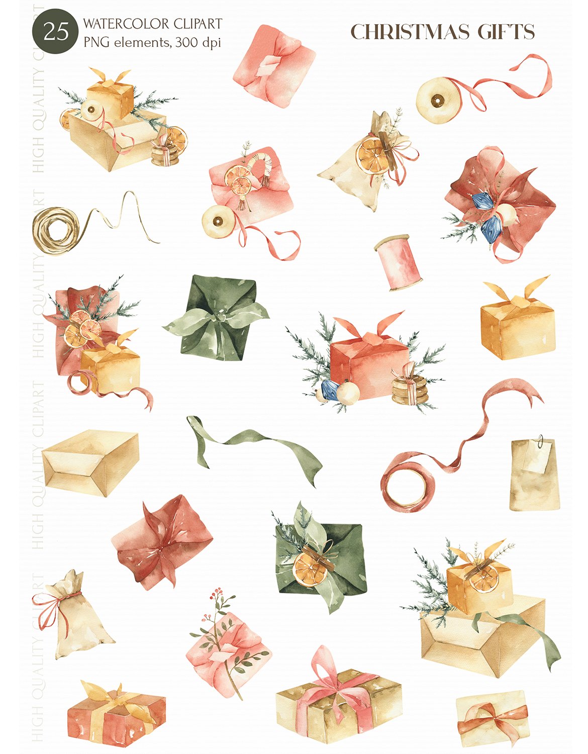 Watercolor Christmas clipart of gifts, packages.