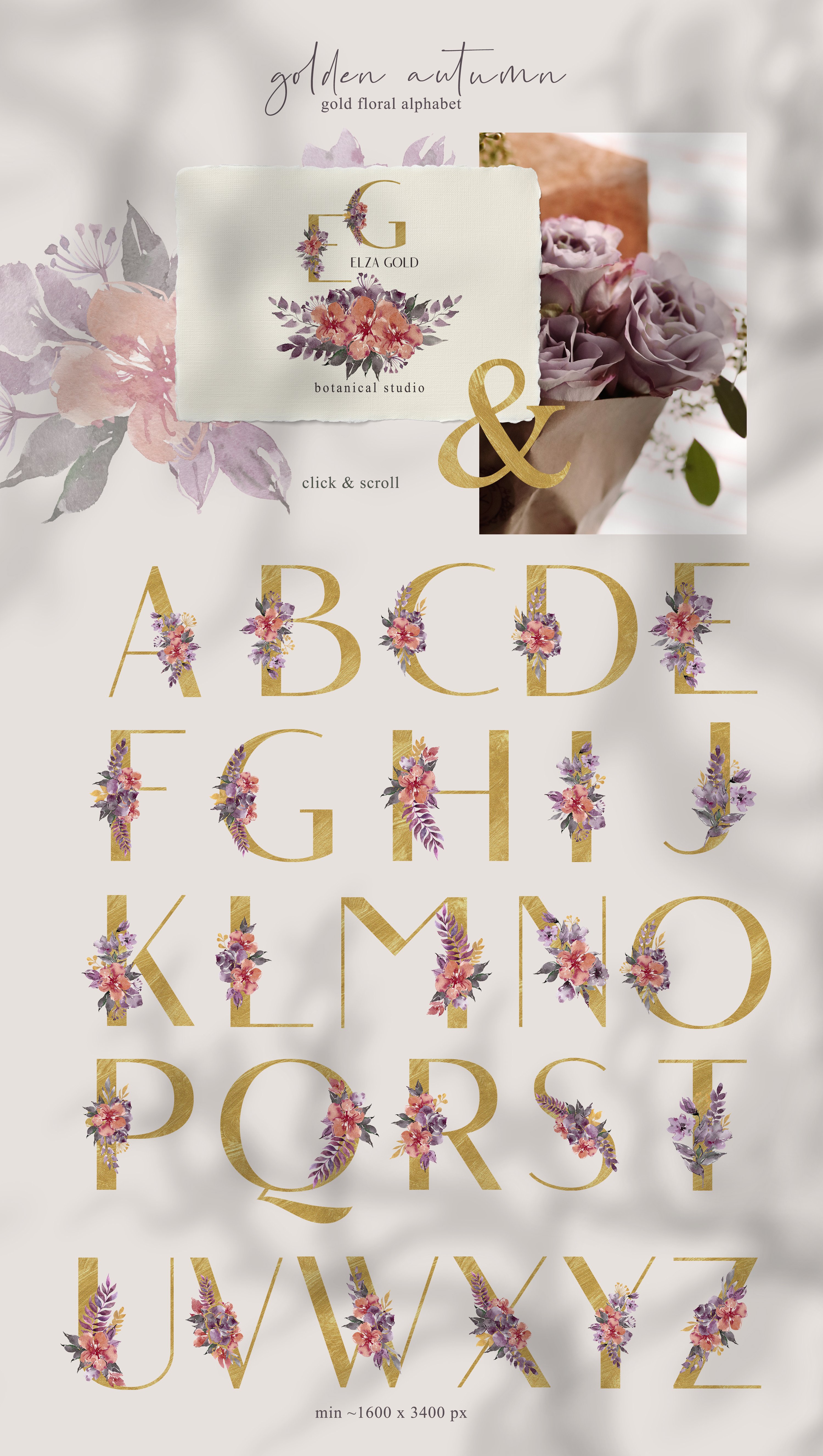Metallic gold floral Alphabet clipart- 27 png files
