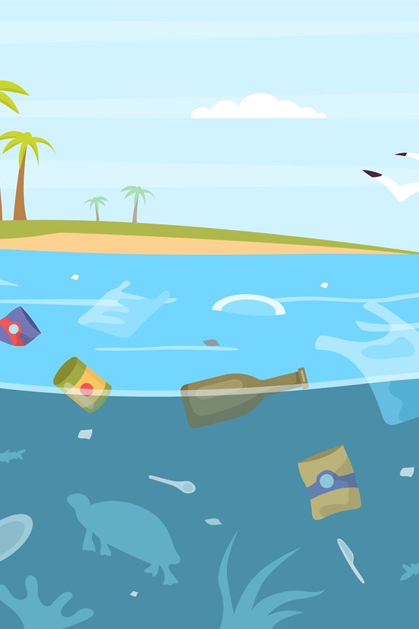 Sea garbage. Plastic trash floating in water. Seascape with