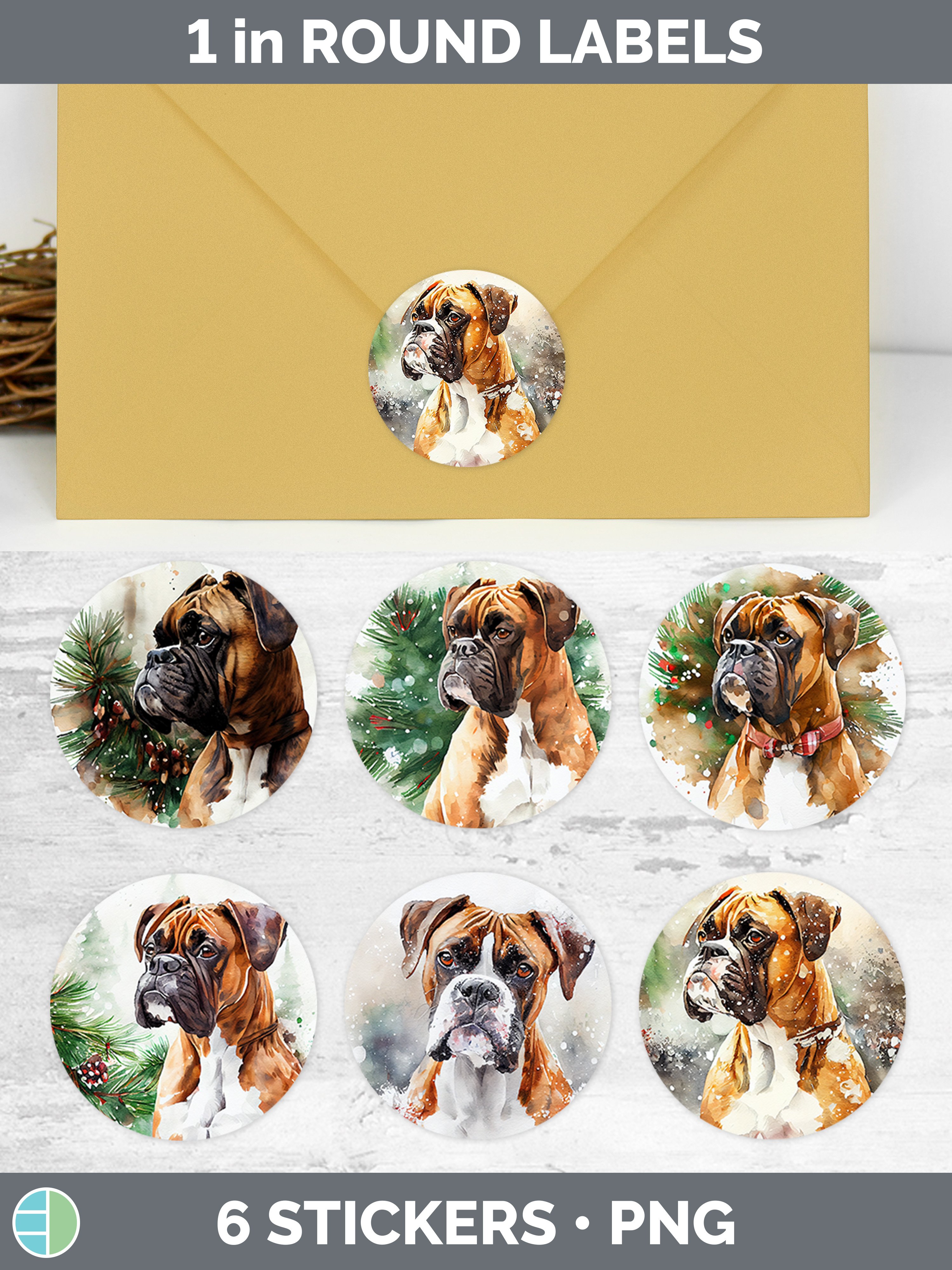 Snowy Boxer Stickers | Sticker 1in Round Labels PNG Designs