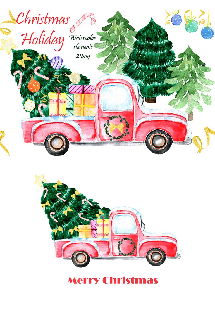 Watercolor Christmas Cars Clipart. 21PNG. 7 Christmas cards.