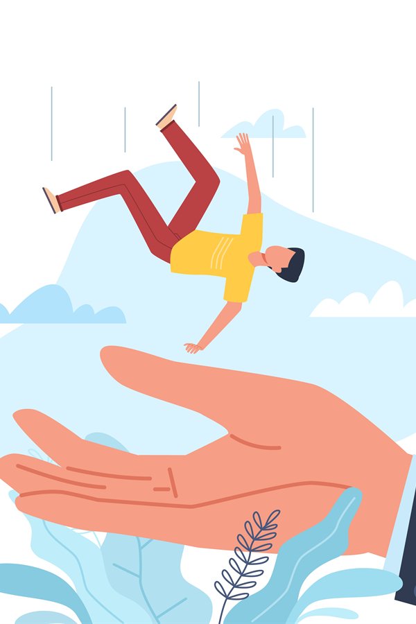 Insurance and support. Tiny man falling on big arm. Helping