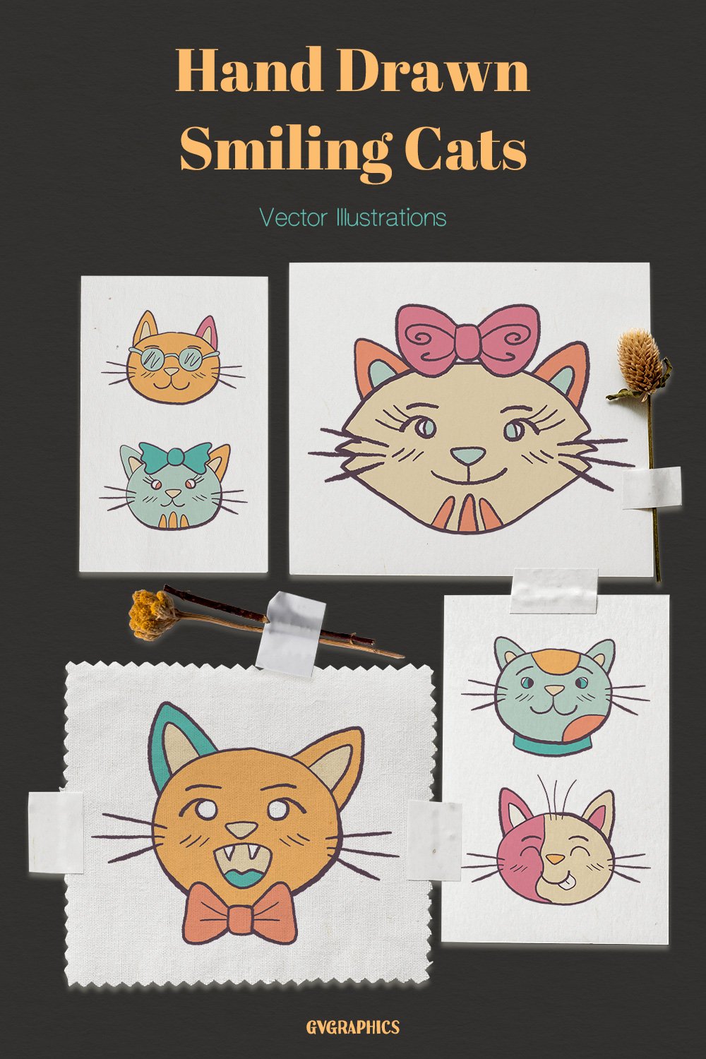 Hand Drawn Smiling Cats Vector Illustrations