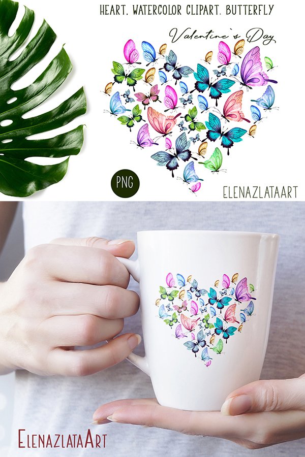 Heart, Butterfly watercolor clipart. Valentines (1780327)