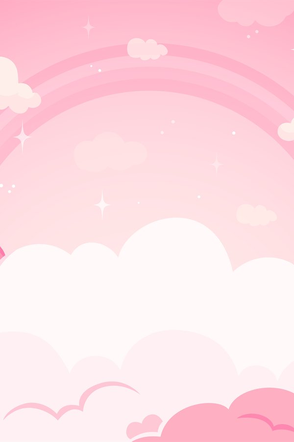 Pink fairytale sky background with stars and rainbow. White