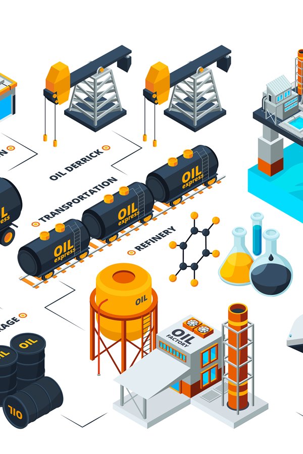 Visualization of all stages of oil production. Isometric pic