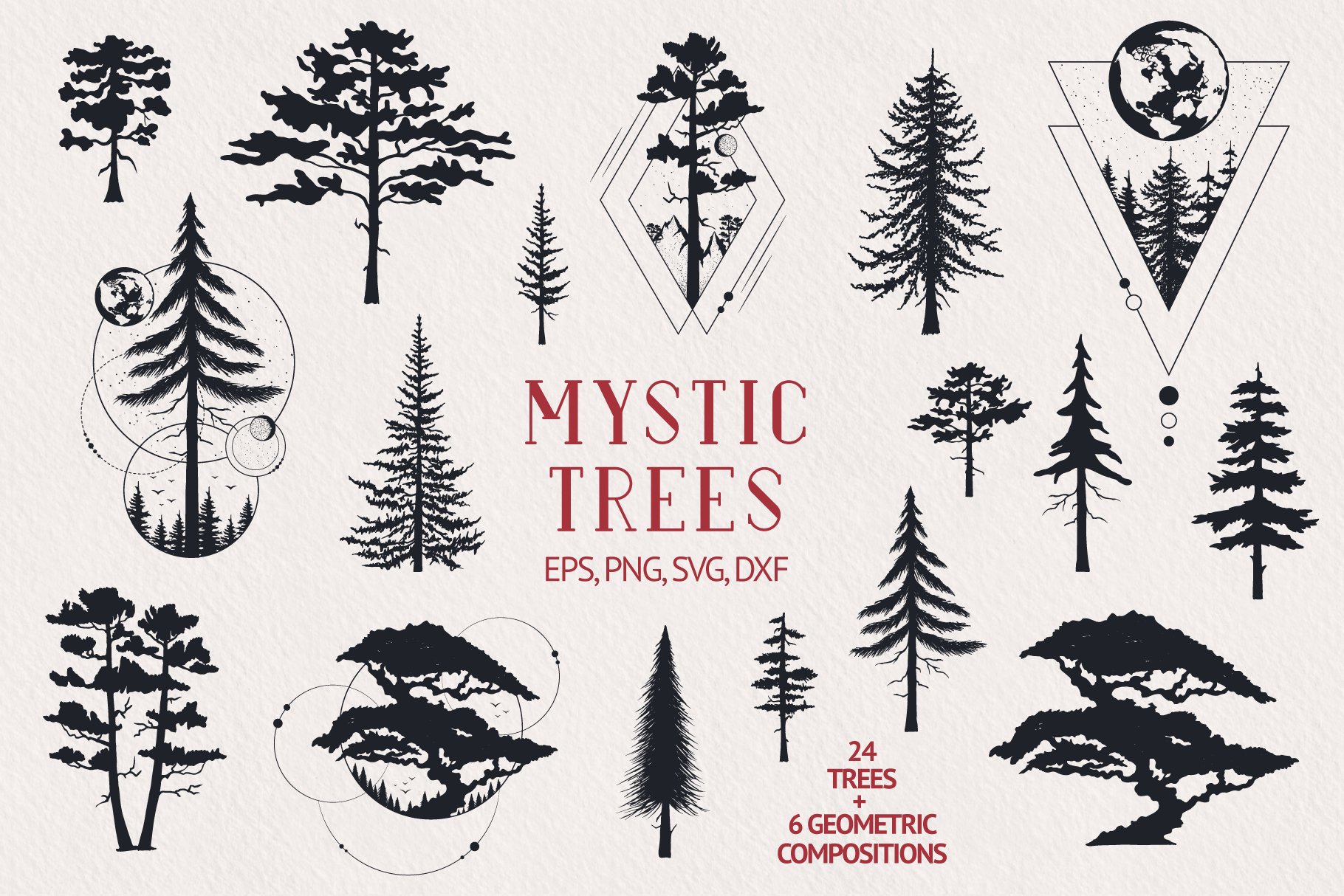 Hand drawn Mystic Trees & Geometric Compositions Collection