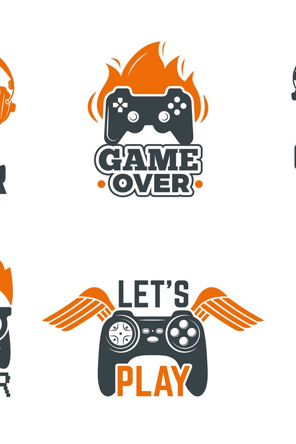 Gamers badges. Joystick video gaming old school labels for s