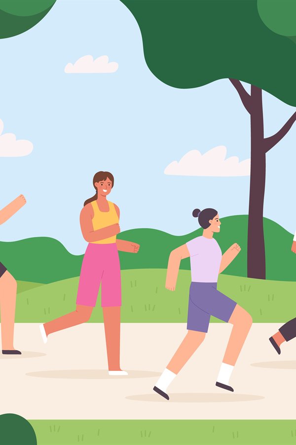 Cartoon group of people jogging in city park, race competiti