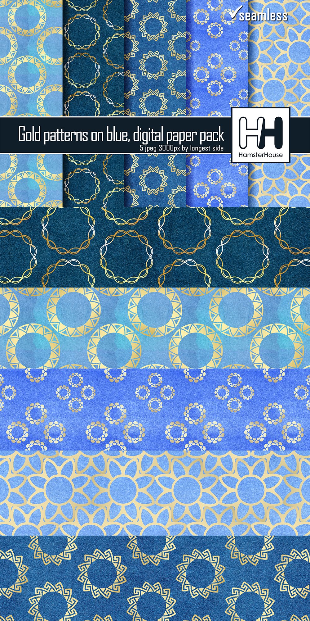 5 Blue Watercolor Seamless Digital Papers with Gold Patterns