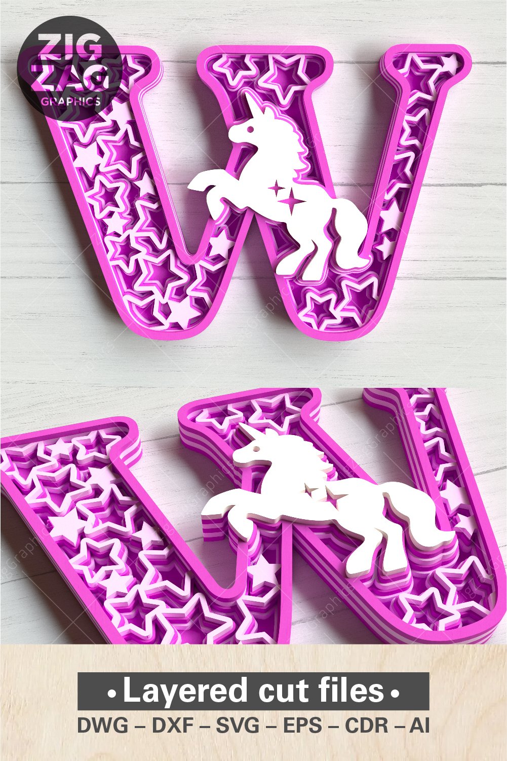 layered kids letter W with unicorn and stars SVG cut file
