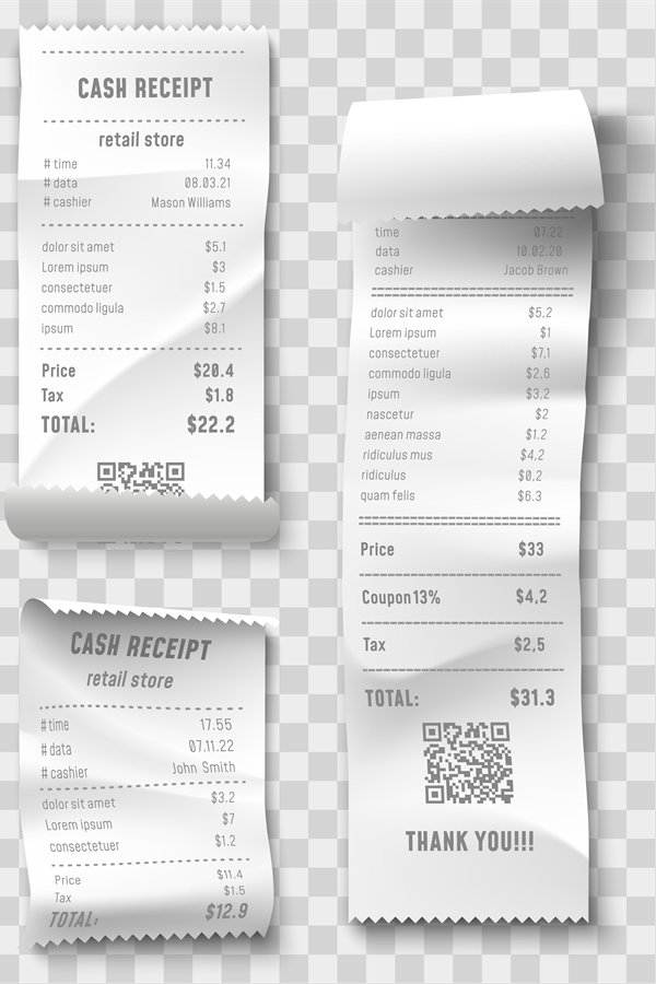 Shopping receipt. Retail store purchase receipts, supermarke