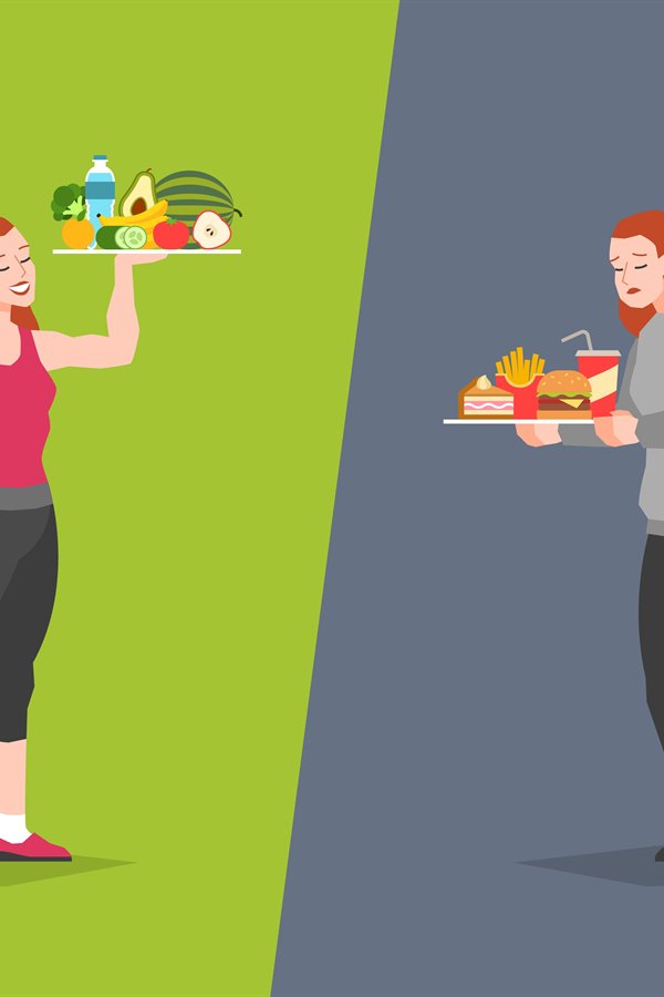 Healthy and unhealthy food choice. Fast food vs balanced men