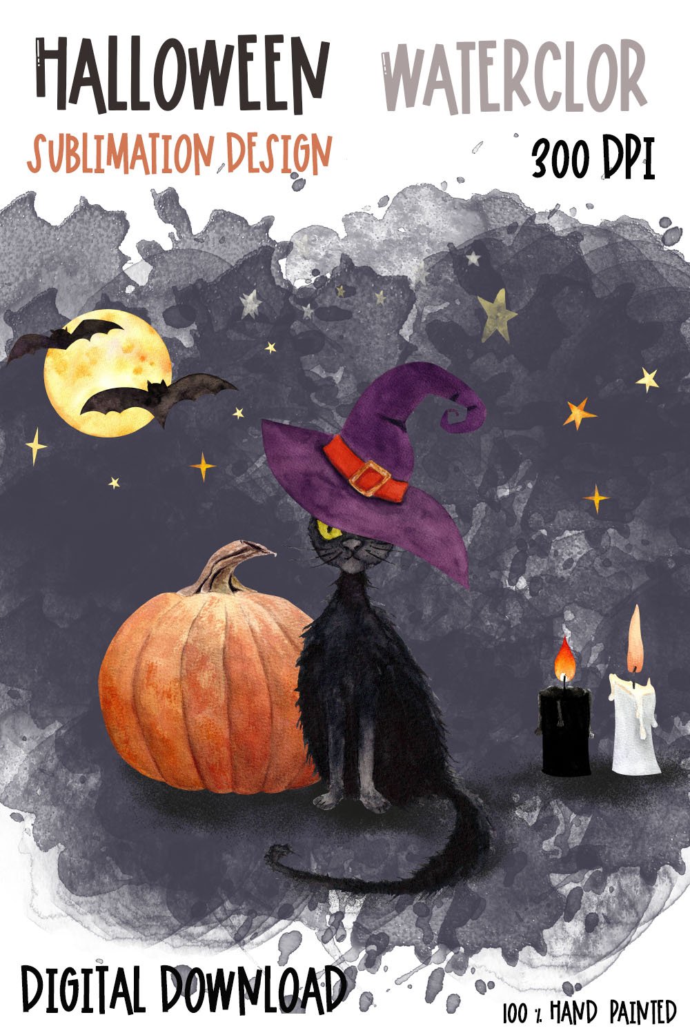 Watercolor Halloween cat clipart. Sublimation designs