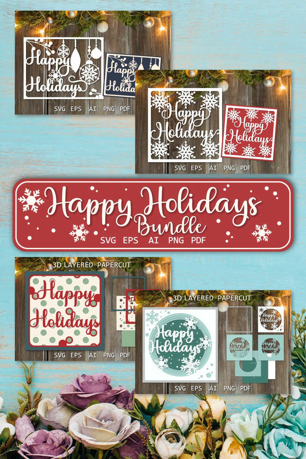 Happy Holidays Bundle, Christmas papercut cards Bundle SVG