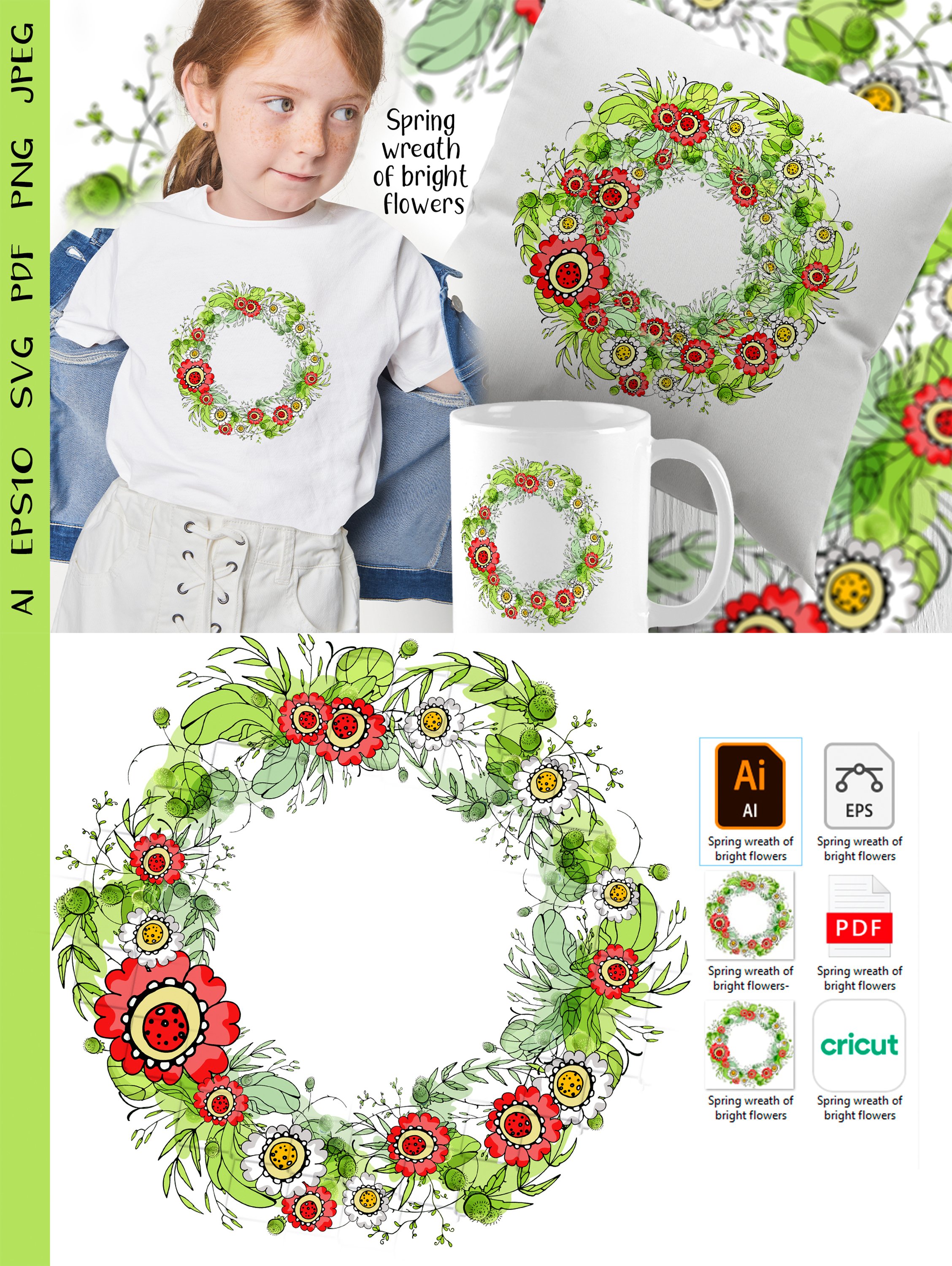 PRINT/A spring wreath of bright flowers.Handmade work