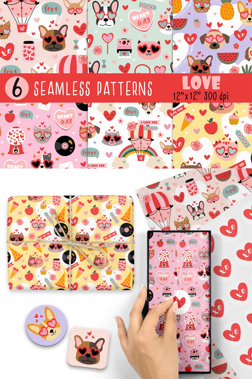 Valentine Seamless pattern, Love Dog Digital Paper,Heart