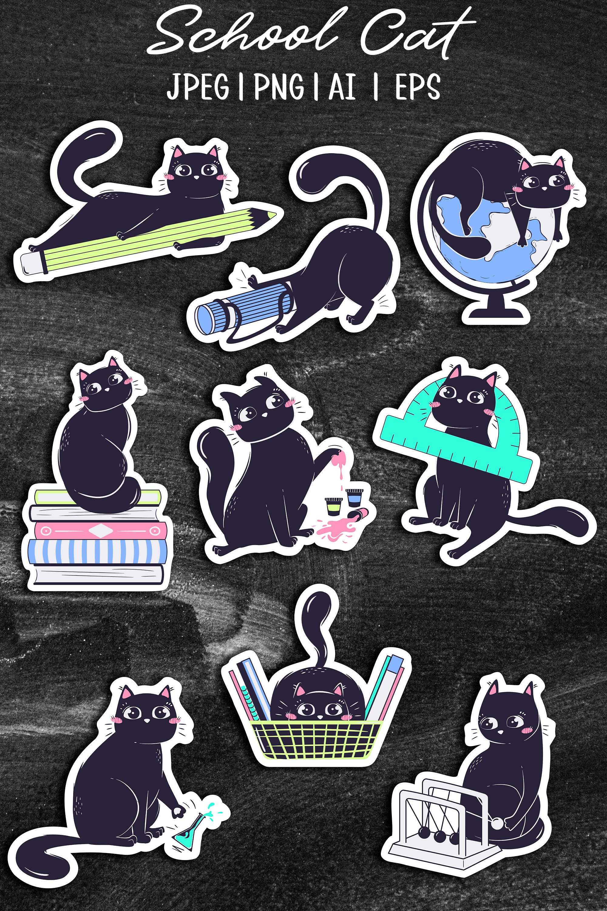Cute cat student stickers | Back to school animal stickers
