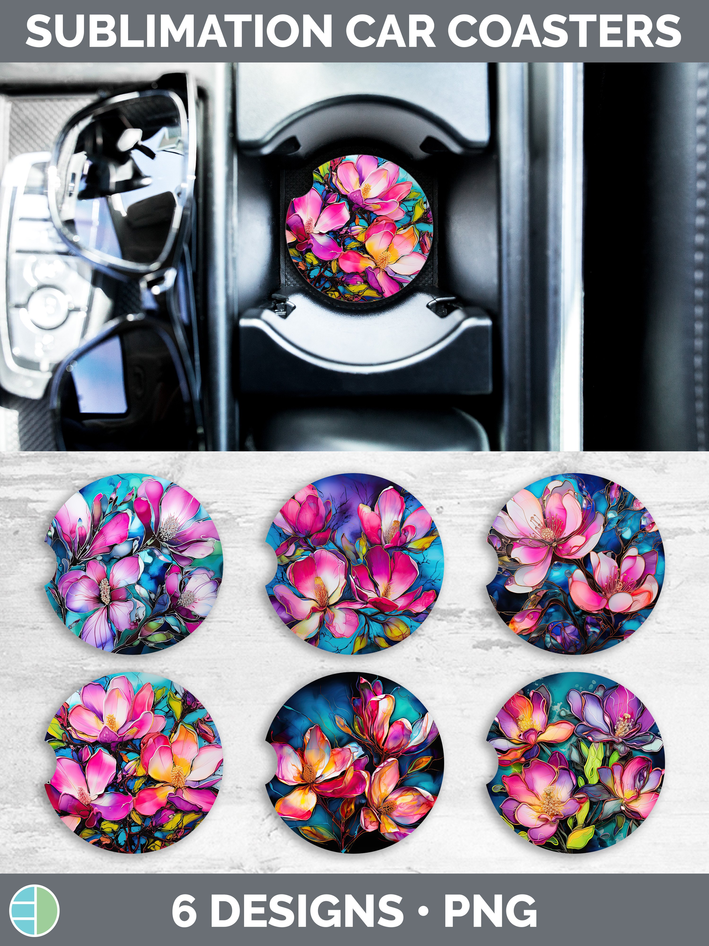 Neon Magnolia Flowers Car Coaster | Bundle Coaster Designs