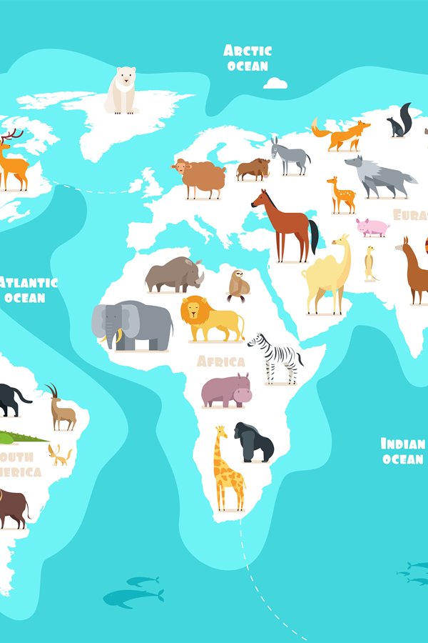 World map with animals. Earth discovery funny kids geography