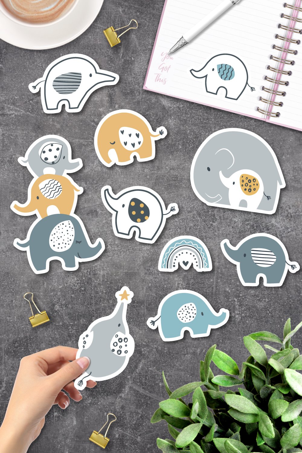 Elephant stickers, Printable and digital set