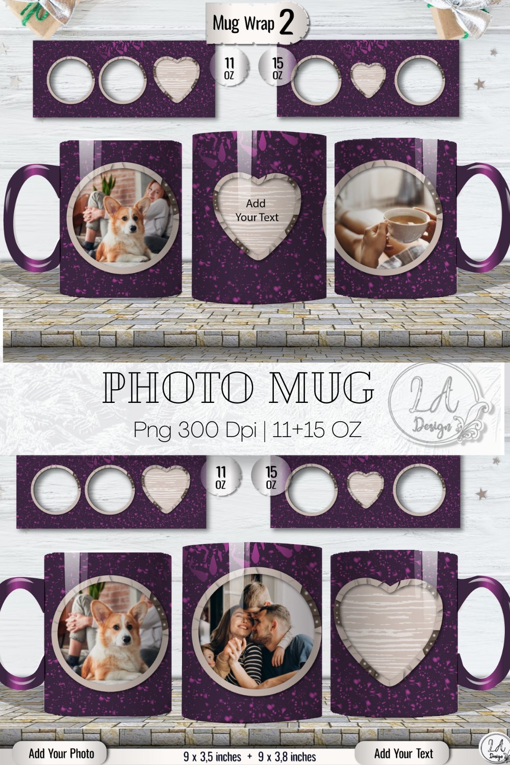Purple Photo Mug Template | Wooden Heart Mug Sublimations