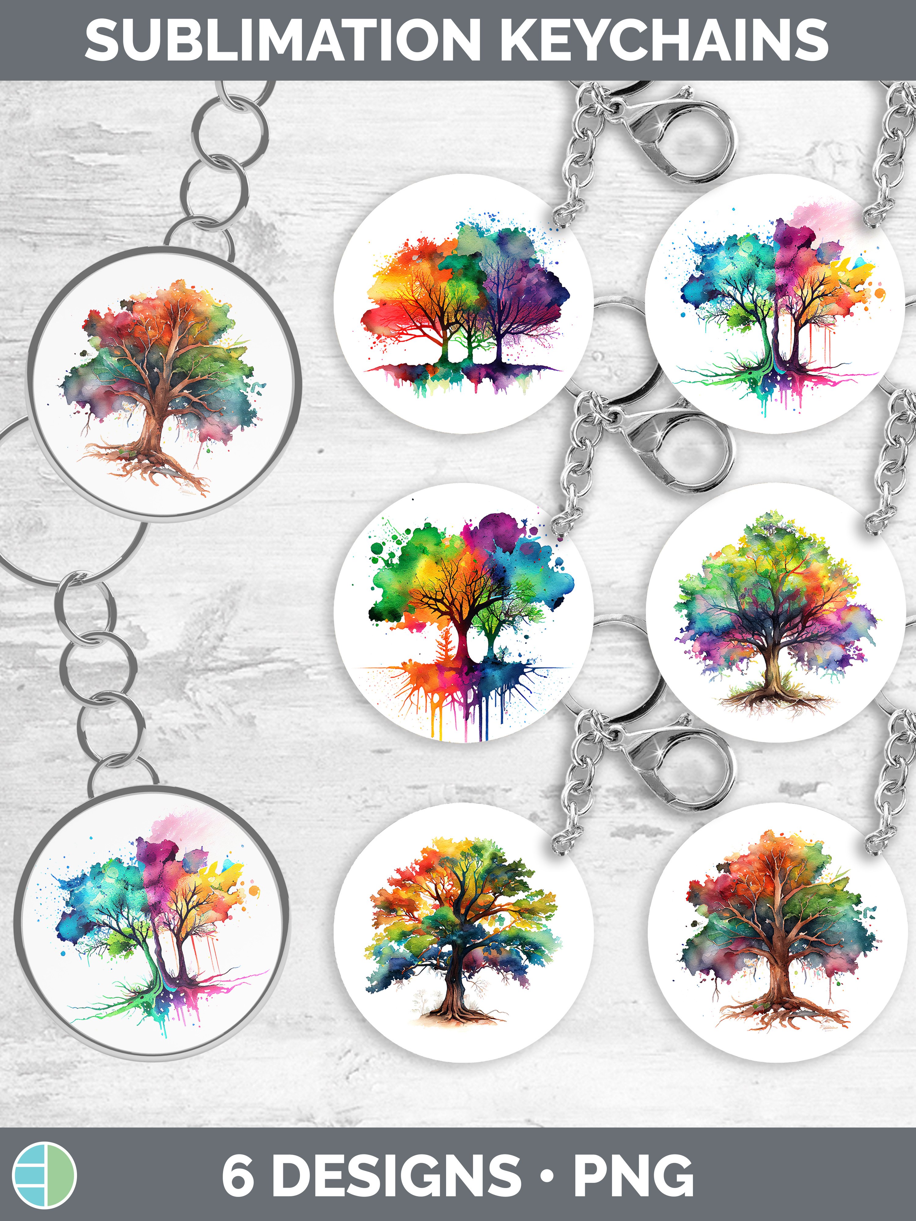 Rainbow Oak Trees Keychain | Sublimation Keyring Designs Bun