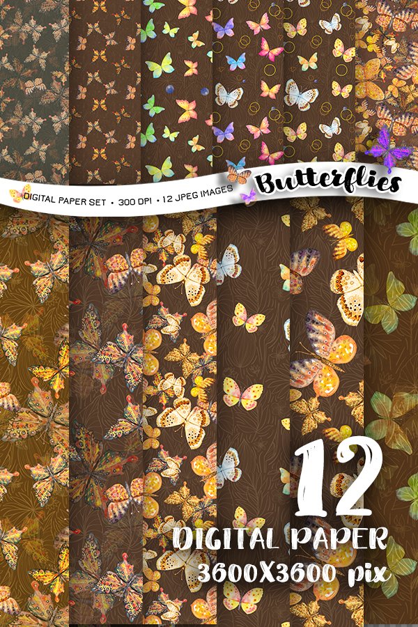 12 brown digital paper with watercolor butterflies.