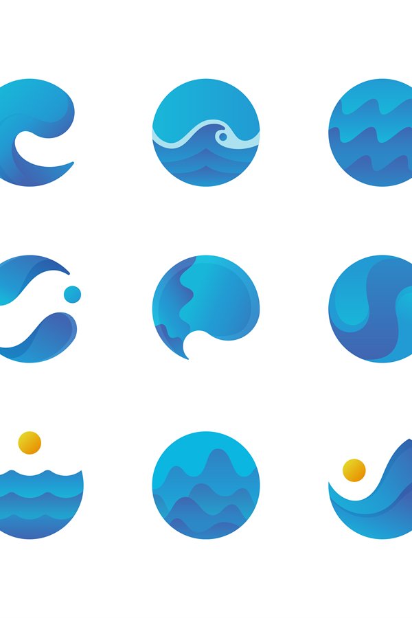 Sea surface, ocean waves logos and water labels. Swimming po