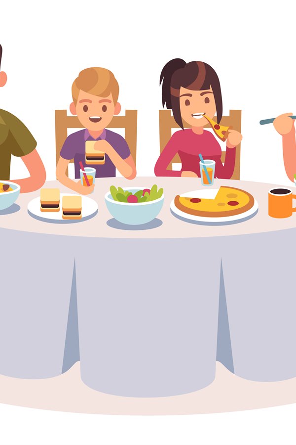 Family eating table. Happy people eat food dinner parents ki