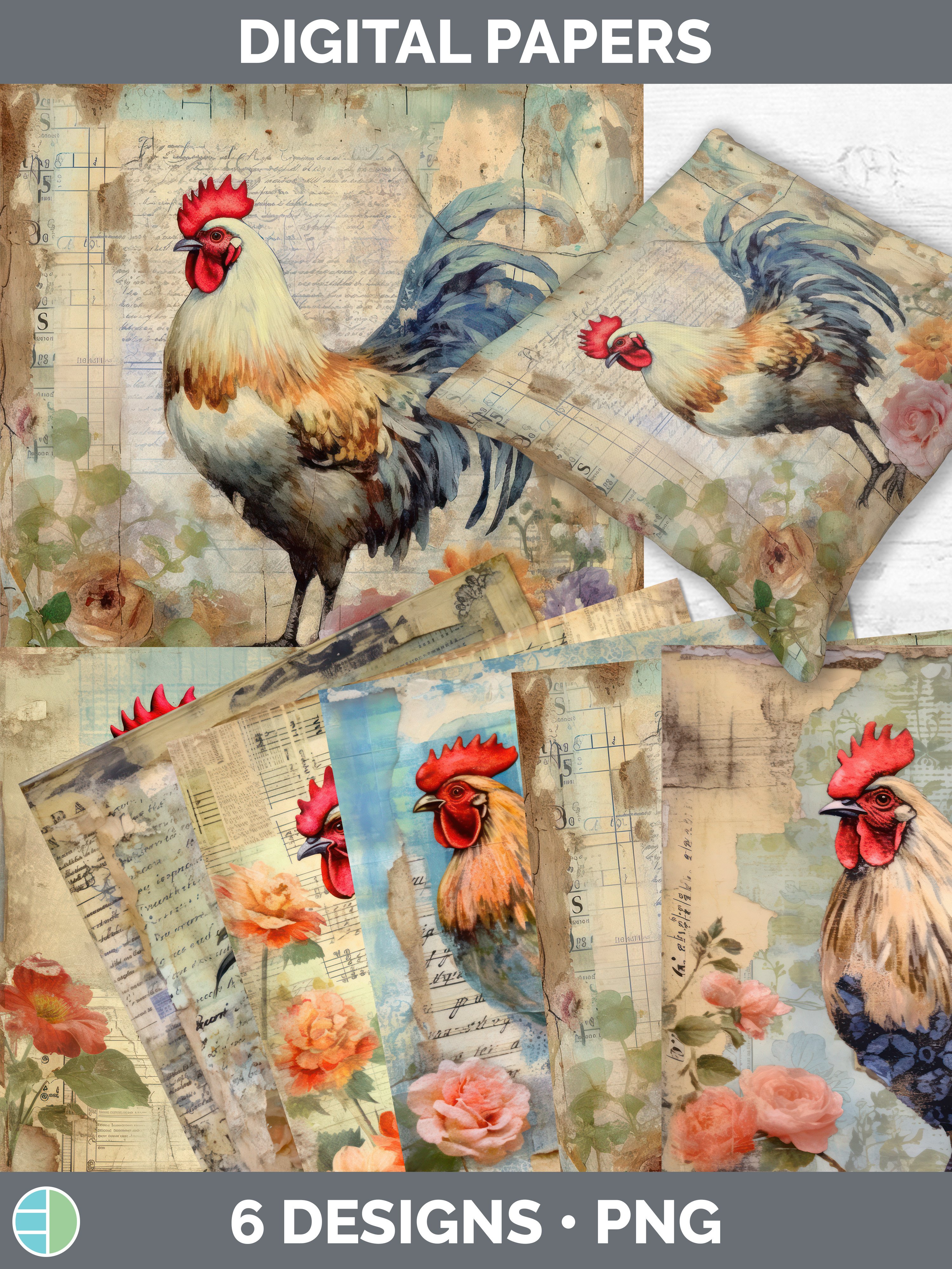 Vintage Chicken Paper Backgrounds | Digital Scrapbook Papers