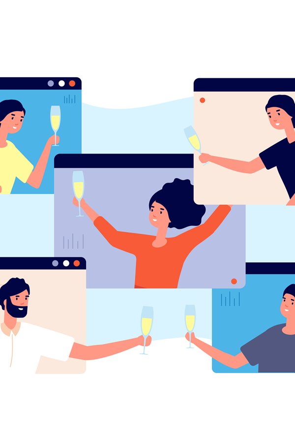 Online party. Friends celebrate birthday, meeting in isolati
