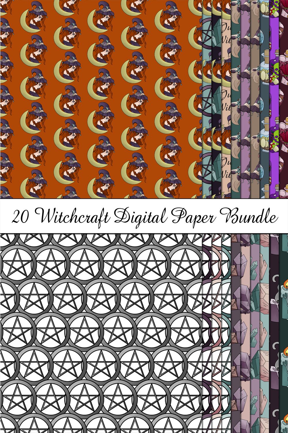 Witch Digital Scrapbook Paper Wicca Seamless Pattern Bundle