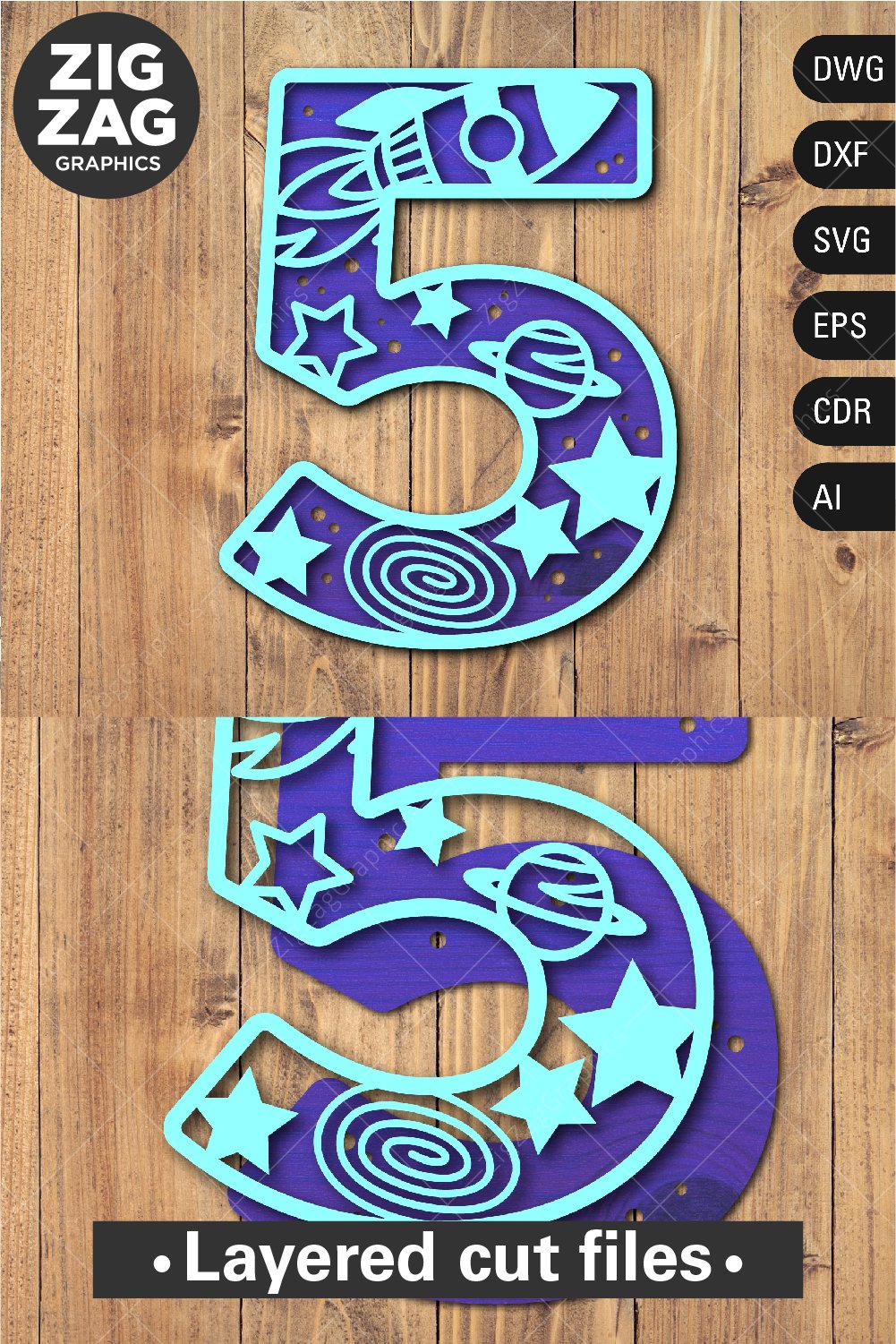 layered kids number 5 with space rocket astronaut and stars