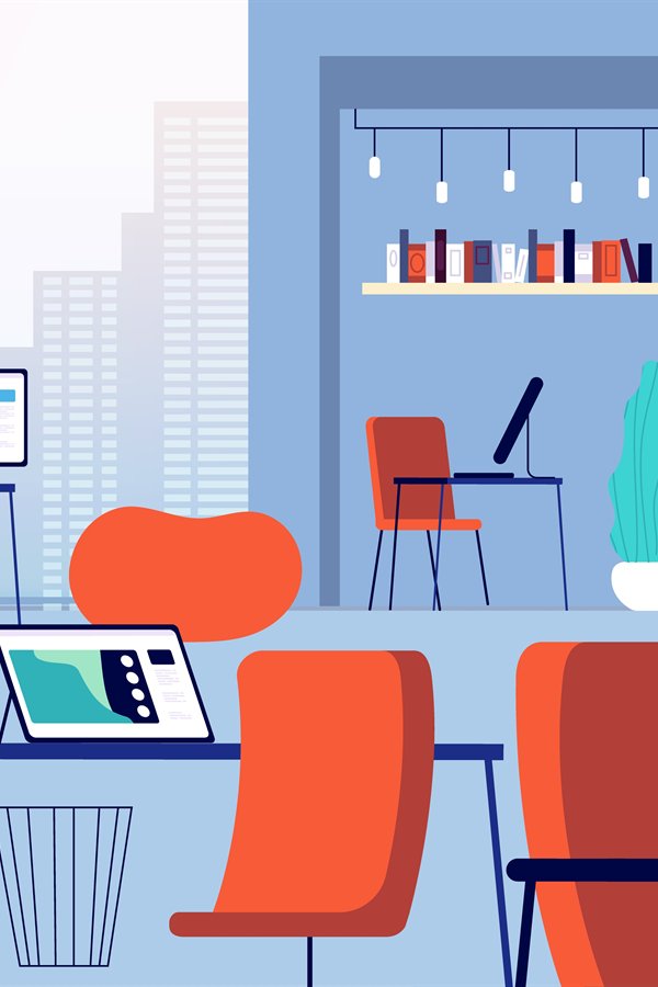 Coworking interior. Open office, chair computer workplace. C