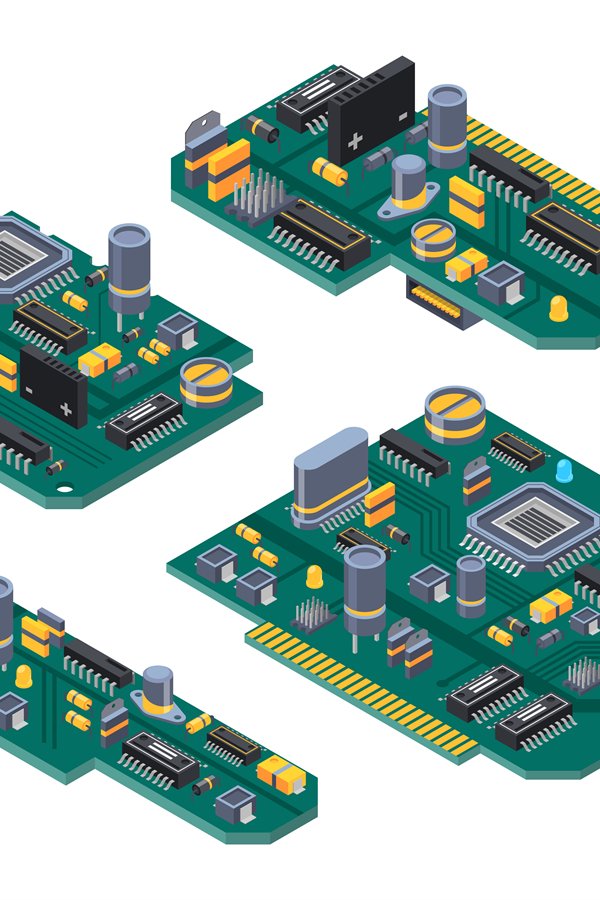 Different computer boards with semiconductors, capacitor and