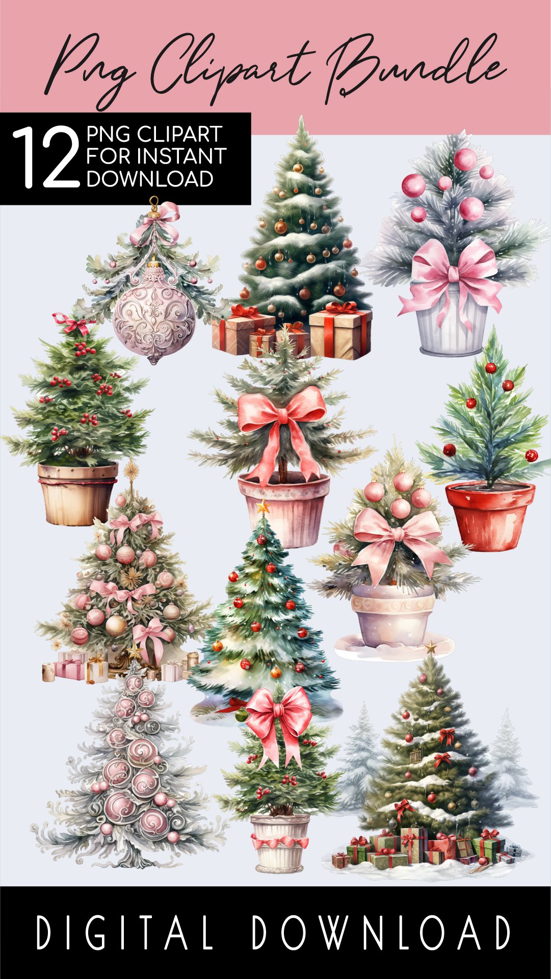 Vintage Christmas Tree Watercolor Clipart Bundle