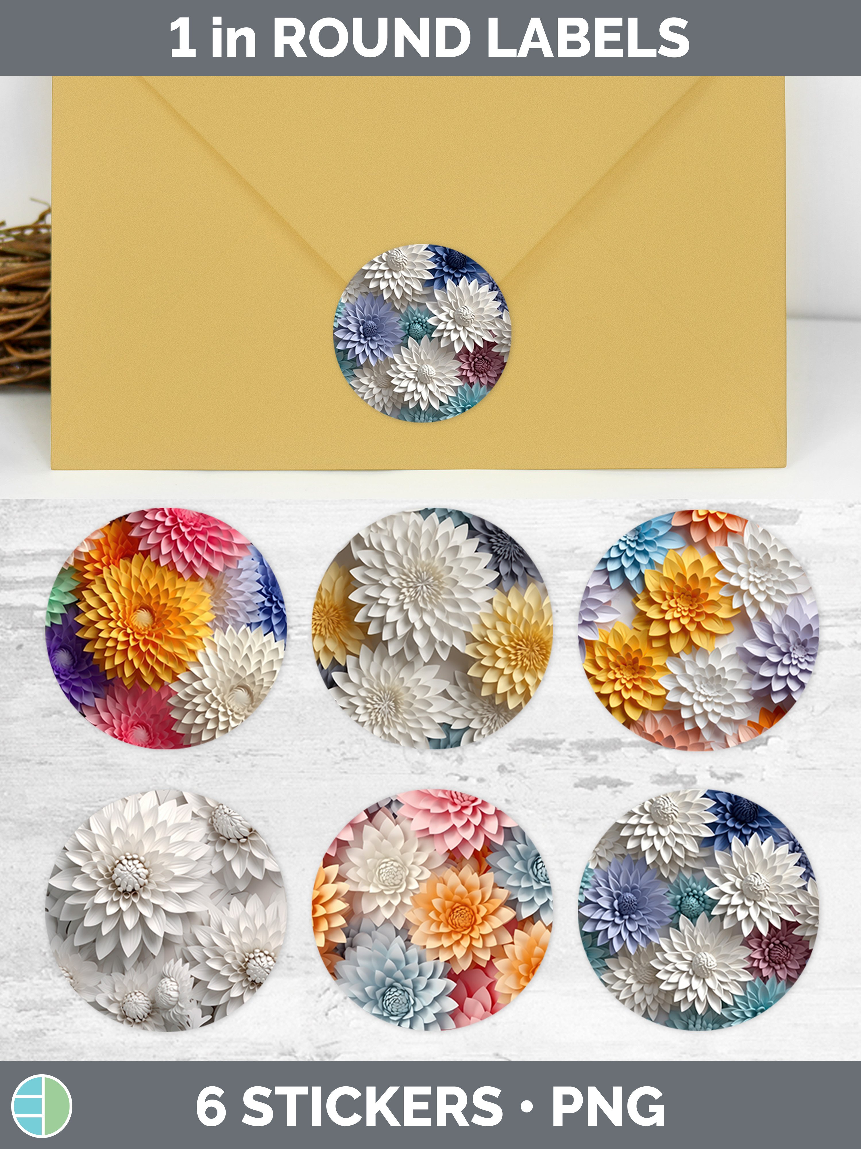 3D Paper Chrysanthemum Flowers Stickers | Round Labels Desig