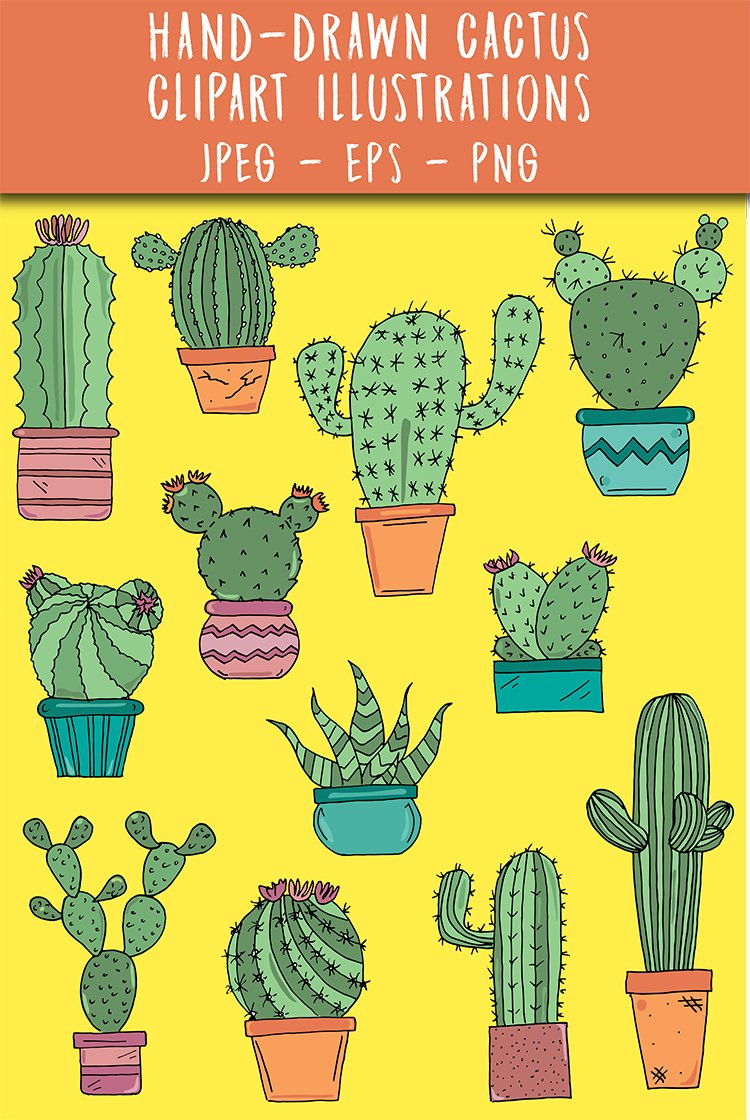 Hand Drawn Cactus Potted Plants Clipart Illustrations