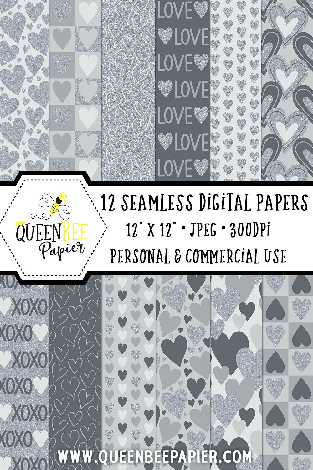 Silver Glitter Heart Digital Paper Pack