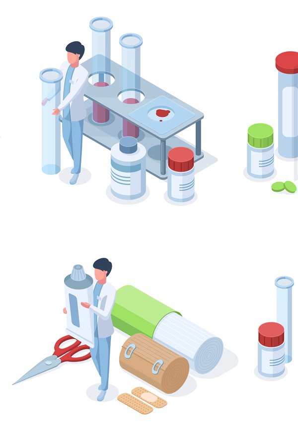 Isometric doctors work pharmacy industry, laboratory researc