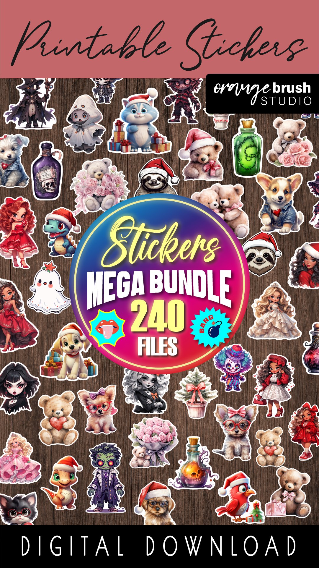 Printable Mega Stickers bundle, 240 in 1, Cute (2924431)
