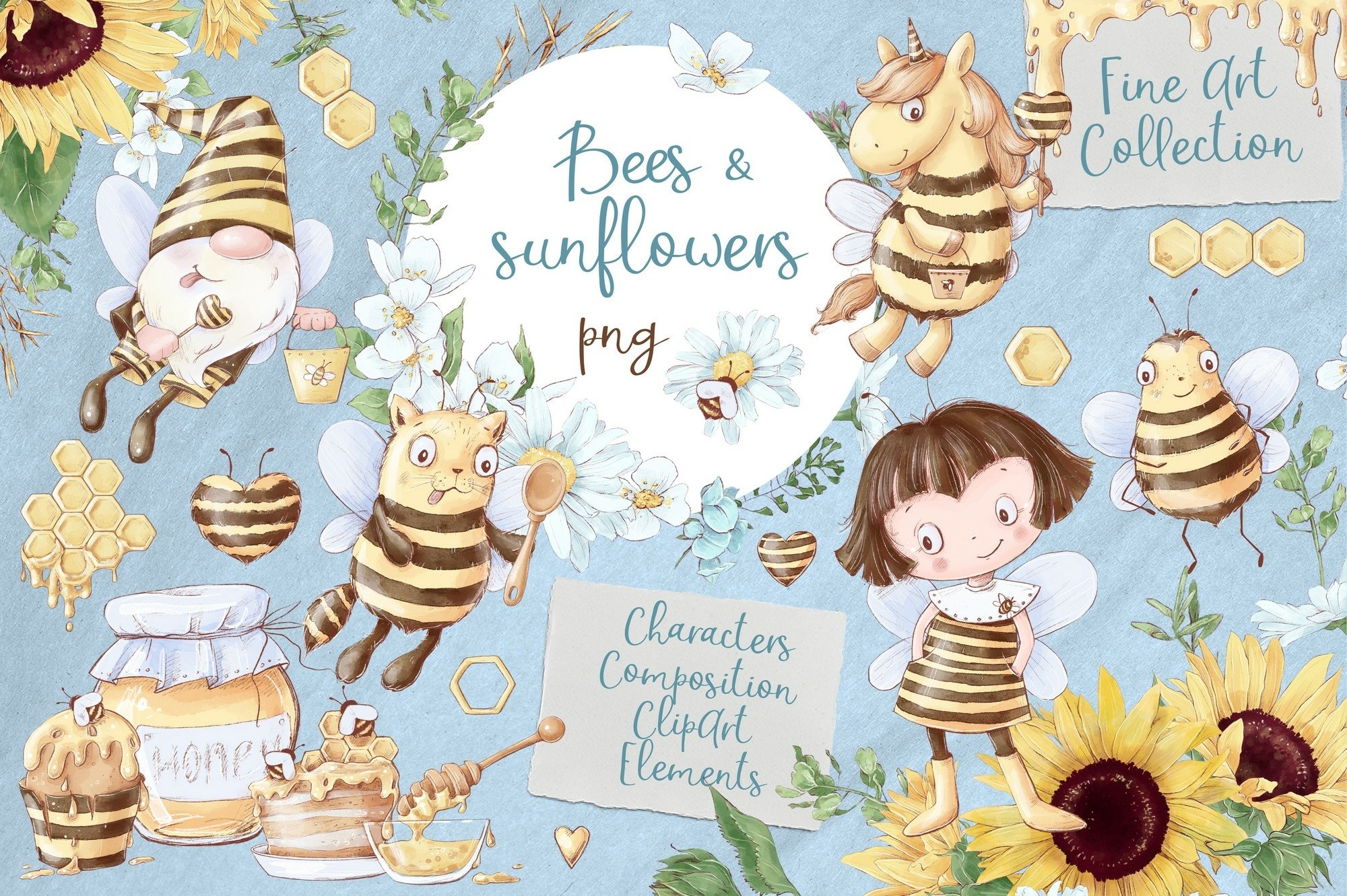 Bees & sunflowers Digital clipart. (1180617)
