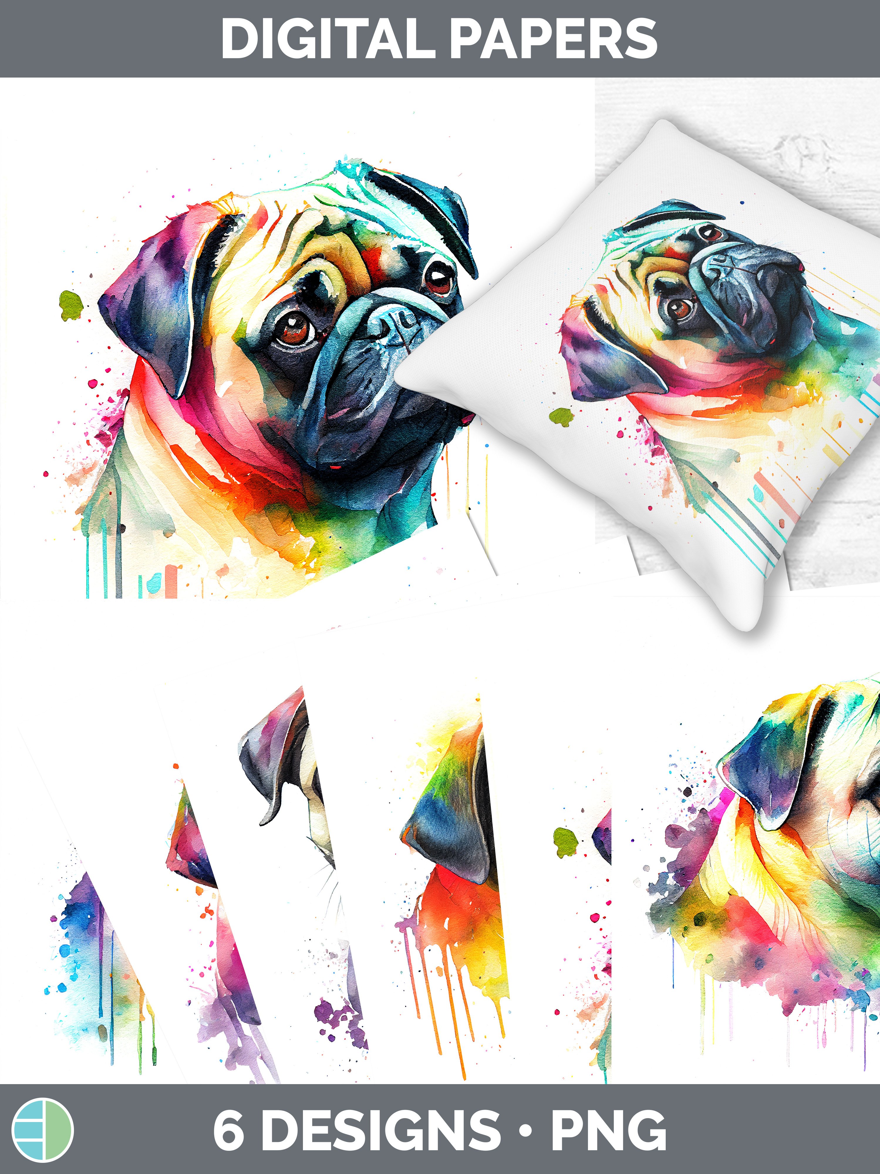 Rainbow Pug Dog Paper Backgrounds | Digital Scrapbook Papers