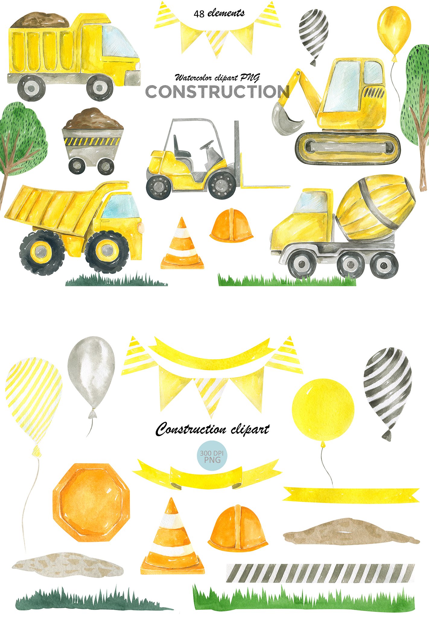 Watercolor construction truck clipart. Bundle PNG