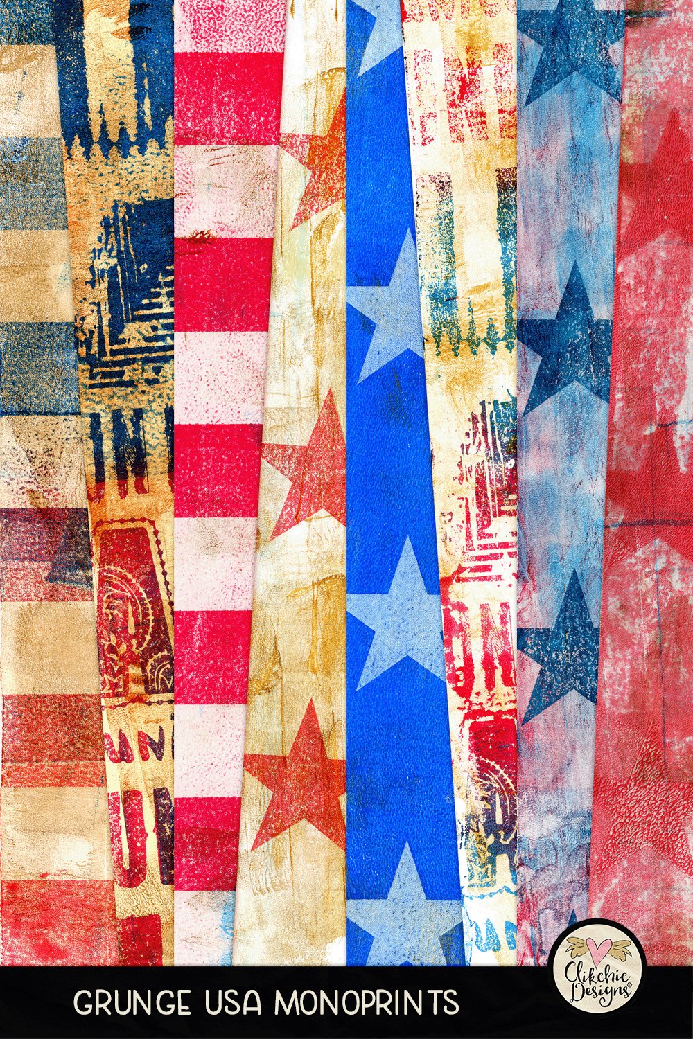Grunge USA July 4th Painted Monoprint Background Textures