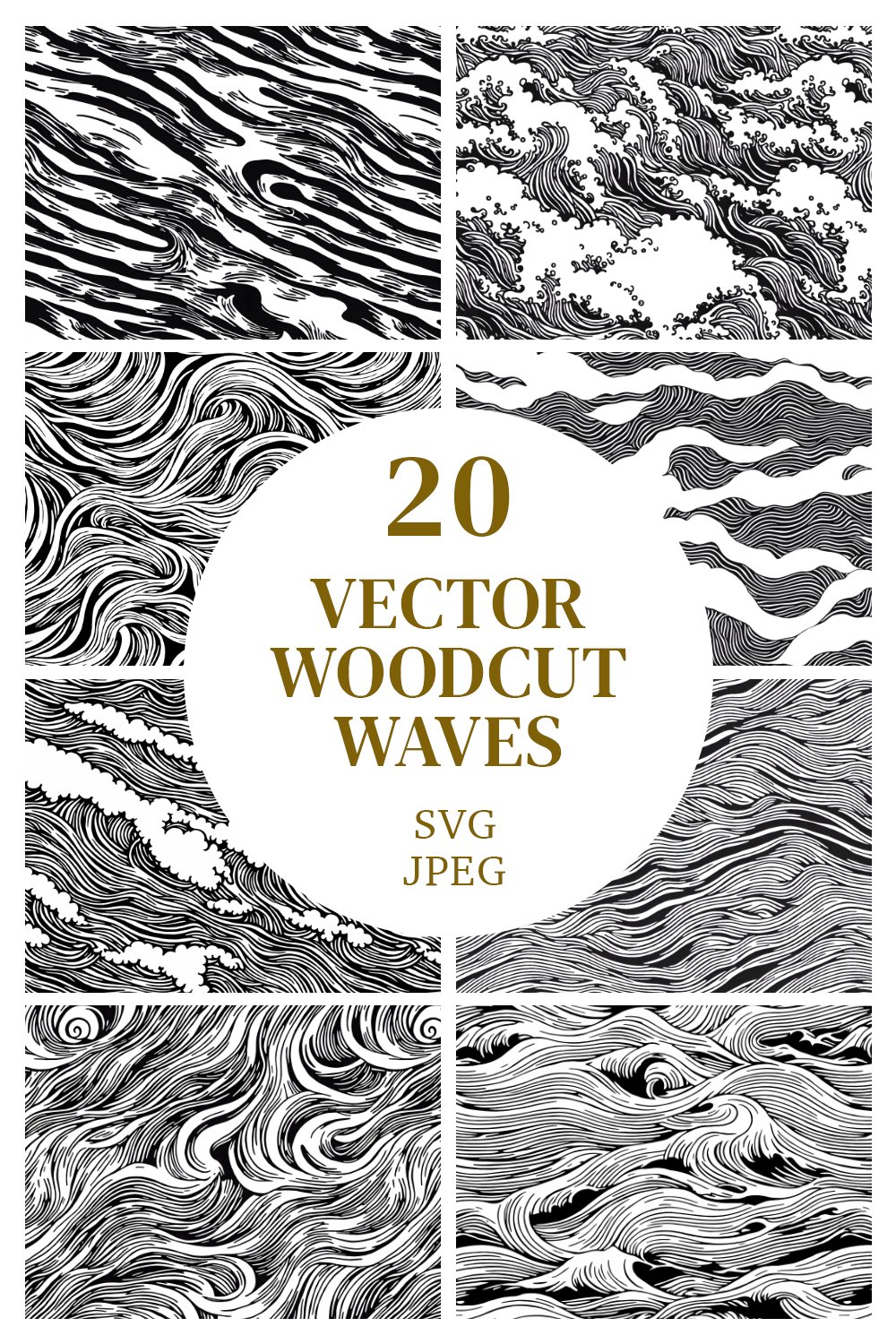 20 Elegant Vector Woodcut Ocean Waves Seamless Patterns