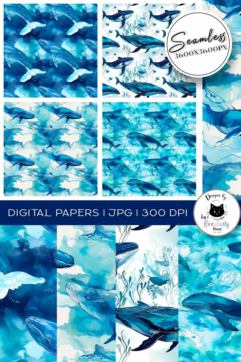 Seamless Summer Digital Paper | Blue Whale Pattern