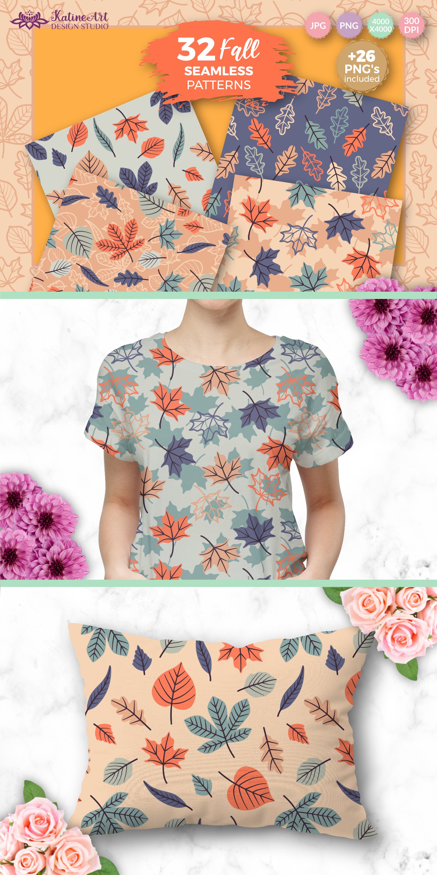 Autumn leaf patterns Fall background Seamless pattern Bundle